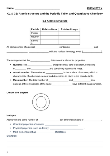 C1,C2. Atomic Structure, PT and Amount of Substance WORKBOOK AAQ ...