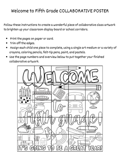 Welcome to Fifth Grade Collaborative Coloring Poster: Classroom Decor ...