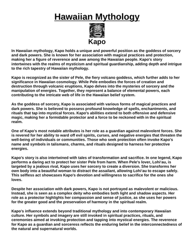 Hawaiian God: Kapo “Article & Questions” Assignment | Teaching Resources