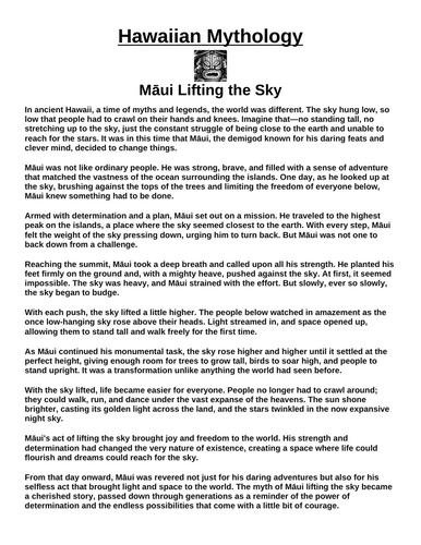 Hawaiian Myth: Māui Lifting the Sky “Article & Questions” Assignment ...