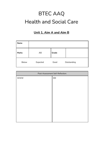 BTEC AAQ Health and Social Care - Unit 1 - Aim A/Aim B Mock | Teaching ...