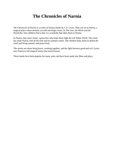 The Chronicles of Narnia – Differentiated Reading Comprehension Pack ...