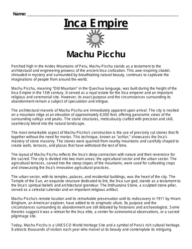 Inca Empire: Machu Picchu “Article & Questions” Assignment | Teaching ...