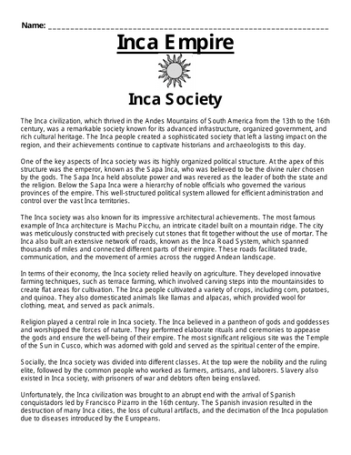 Inca Empire: Society “Article & Questions” Assignment | Teaching Resources