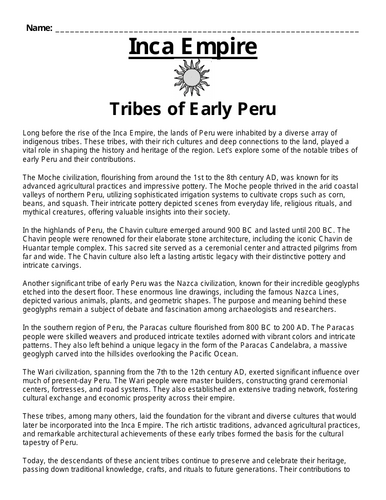 Inca Empire: Tribes of Early Peru “Article & Questions” Assignment ...