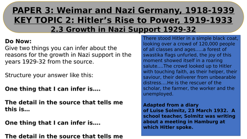EDEXCEL GCSE HISTORY WEIMAR AND NAZI GERMANY KEY TOPIC 2: HITLER'S RISE ...