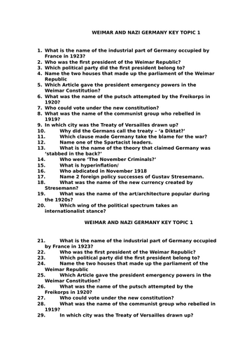 EDEXCEL GCSE HISTORY WEIMAR AND NAZI GERMANY KEY TOPIC 2: HITLER'S RISE ...