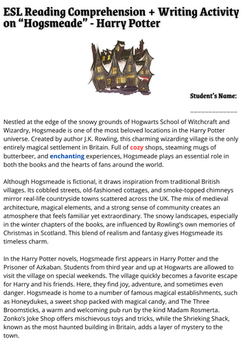 ESL Reading Comprehension + Writing Activity - Hogsmeade - Harry Potter ...