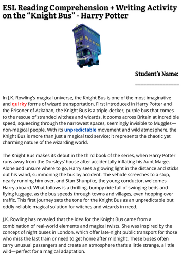 ESL Reading Comprehension + Writing Activity - Knight Bus - Harry ...