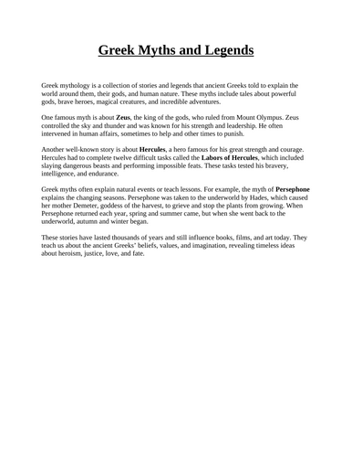 Greek Myths and Legends – Differentiated Reading Comprehension Pack ...