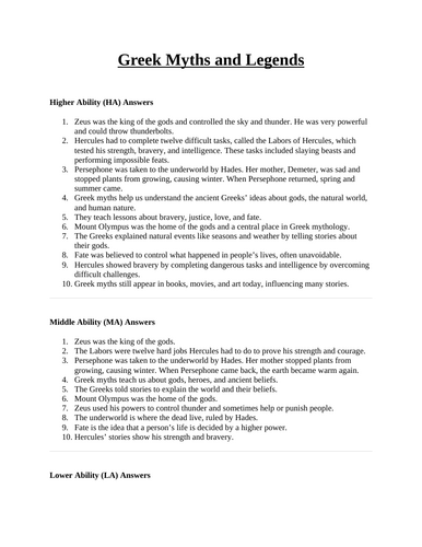 Greek Myths and Legends – Differentiated Reading Comprehension Pack ...