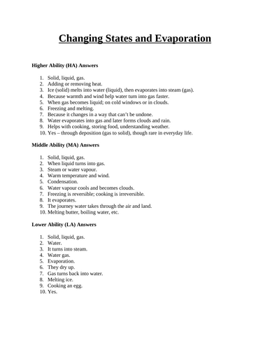 Changing States and Evaporation – Differentiated Reading Comprehension ...
