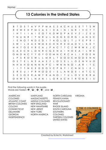 13 Colonies in the United States WORDSEARCH ACTIVITY | Teaching Resources