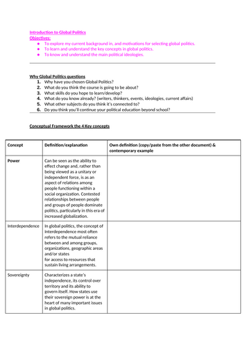 An introduction to Global Politics worksheet and answers (First ...