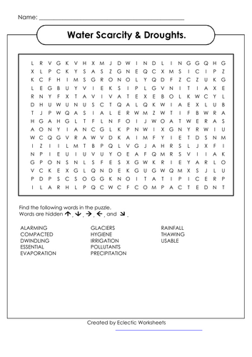 Earth Sciences vocabulary WORDSEARCH ACTIVITY+SOLUTION : Water Scarcity ...