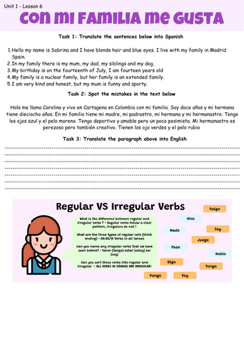 GCSE AQA Spanish Unit 1 Lesson 6 - Con mi familia me gusta | Teaching ...