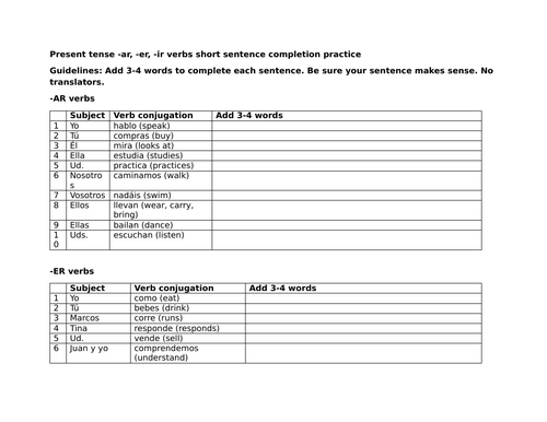Present tense -ar, -er, -ir verbs short sentence completion practice ...