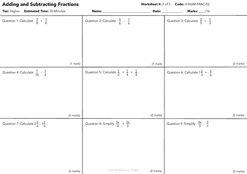 GCSE Maths Worksheet: Adding and Subtracting Fractions - Higher Tier ...