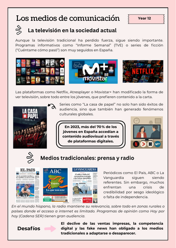 Spanish A-Level revision sheet - Los medios de comunicación | Teaching ...