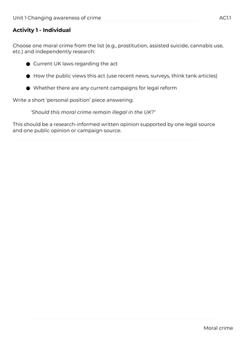 WJEC Criminology Unit 1: AC1.1 to AC1.6 - PPTs with Activity Sheets | Teaching Resources
