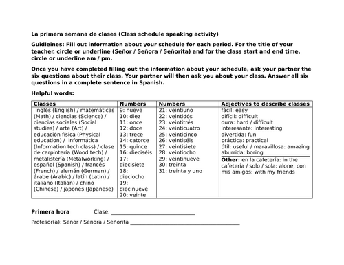 La primera semana de clases (Class schedule speaking activity ...