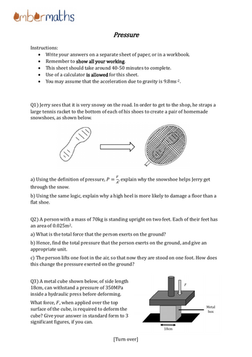Pressure Worksheet - Physics KS3/4 (Answers Included) | Teaching Resources