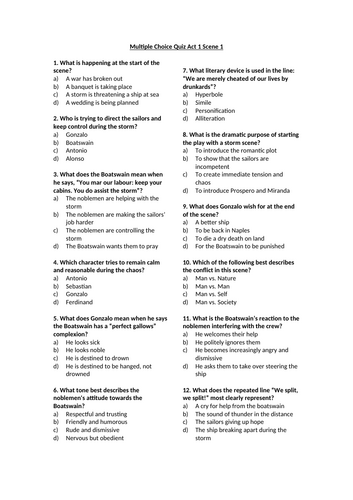 The Tempest Multiple Choice Quizzes | Teaching Resources