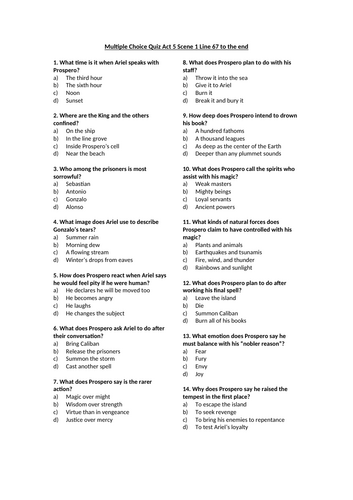 The Tempest - Act 5 Scene 1 Line 67 to the end Multiple Choice Quiz ...