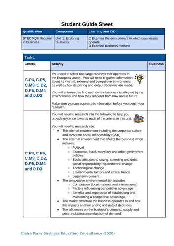 BTEC National in Business - Unit 1 Exploring Business LA.C resource ...
