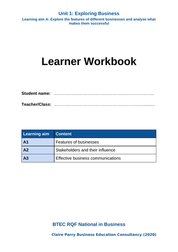 BTEC National in Business - Unit 1 Exploring Business complete resource ...