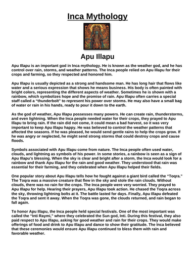 Inca God: Apu Illapu “Article & Questions” Assignment | Teaching Resources