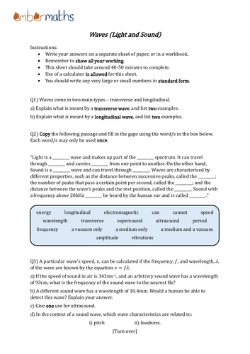 Waves (Light & Sound) Worksheet - Physics KS3/4 (Answers Included ...