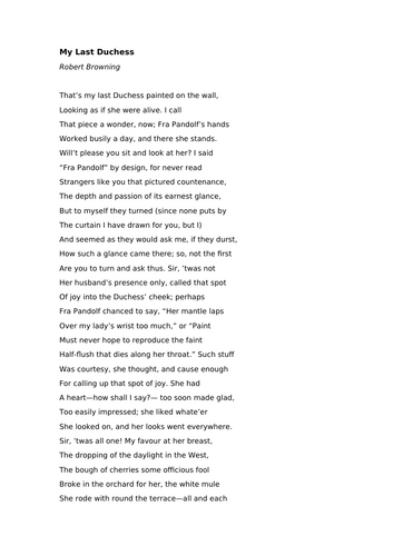 AQA Literature - Power and Conflict - My Last Duchess | Teaching Resources