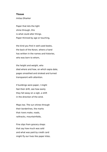 AQA Literature - Power and Conflict - Tissue | Teaching Resources