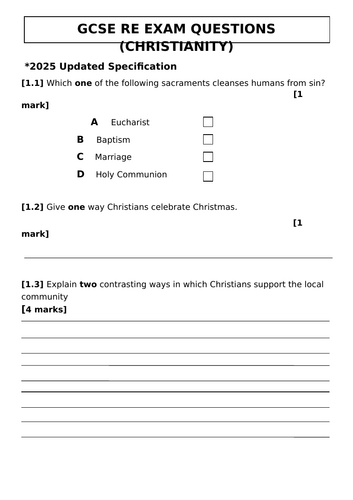 2025/26 AQA GCSE RE Exam Questions (Christianity) - Practices ...