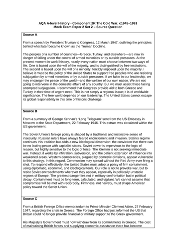 AQA Source Paper Mock Sets 1 & 2 - Cold War 1945-1991 A Level History ...