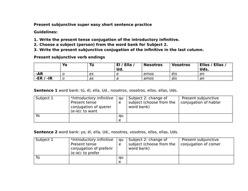 Present subjunctive super easy short sentence practice | Teaching Resources