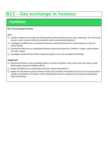 B11 Gas exchange (IGCSE Cambridge - Double - Biology) | Teaching Resources