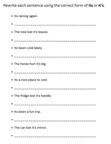 its or it's homophones worksheet | Teaching Resources