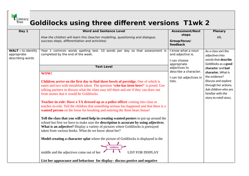 Literacy Tree aligned Year 2 Goldilocks and the Three Bears Week 1 ...