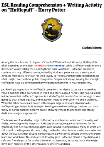 ESL Reading Comprehension + Writing Activity - Hufflepuff - Harry ...