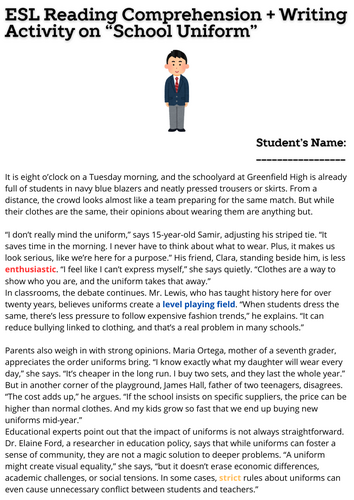 ESL Reading Comprehension + Writing Activity Worksheets - School ...