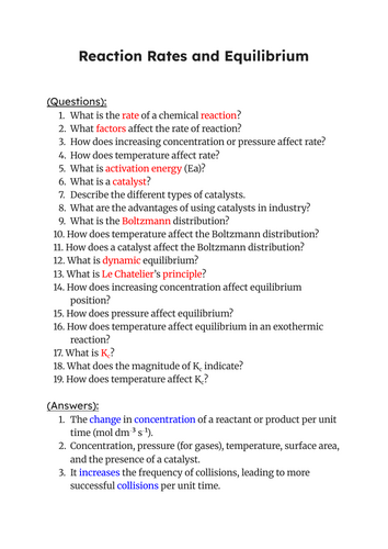 CONCISE A* A Level Chemistry Topic Enthalpy & Reaction Rates and ...