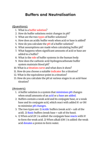 CONCISE A* A Level Chemistry Topic Acids, Bases, and PH & Buffers and ...