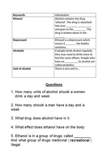 KS3 Year 8 - Biology - Health & Lifestyle - Alcohol | Teaching Resources