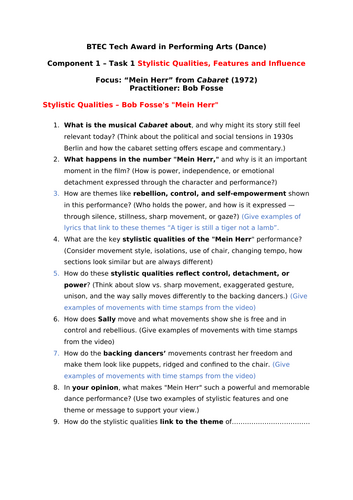 Component 1 Complete Resource Bob Fosse Btec Tech Award in Performing Arts | Teaching Resources