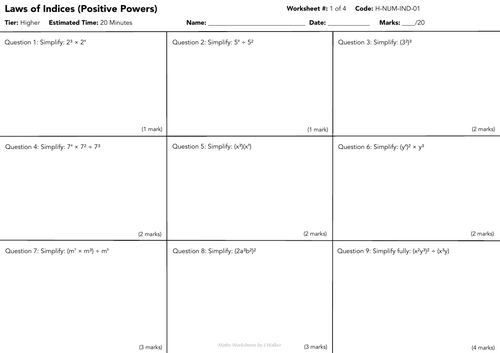 GCSE Maths Worksheet: Laws of Indices (Positive Powers) - Higher Tier ...