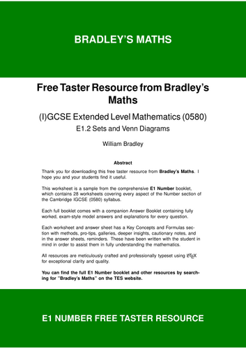 Free Taster Igcse Maths 0580 Sets And Venn Diagrams Worksheet Answers Teaching Resources