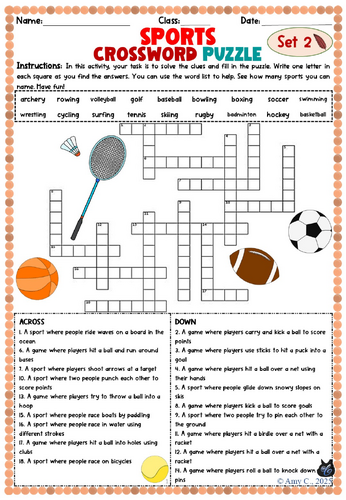 Sports Differentiated Crossword Puzzles with Colour / B&W Options and ...