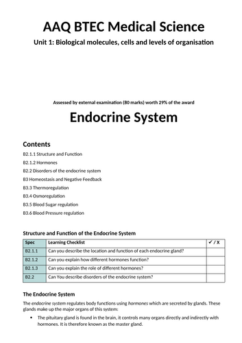 NEW: AAQ BTEC Medical Science Unit 1Bii Endocrine System - Work Book ...